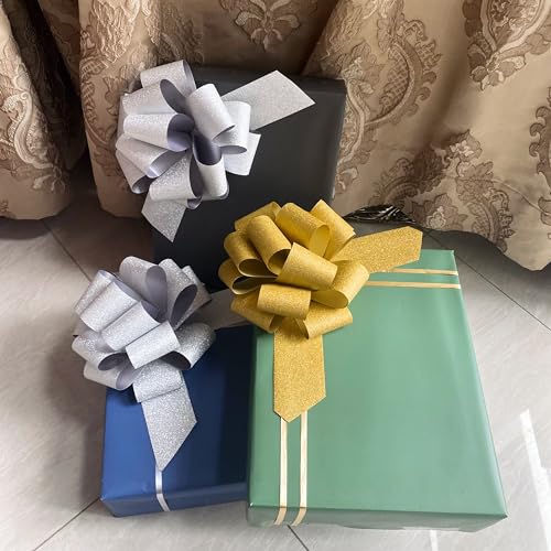 6PCS Silver Pull Bows for Gift Wrapping, 6 Inches Glitter Ribbon Pull Bow, Flower Decoration for Christmas Presents and Basket, for Holiday Package Birthday Presents Wedding Decoration (Silver)