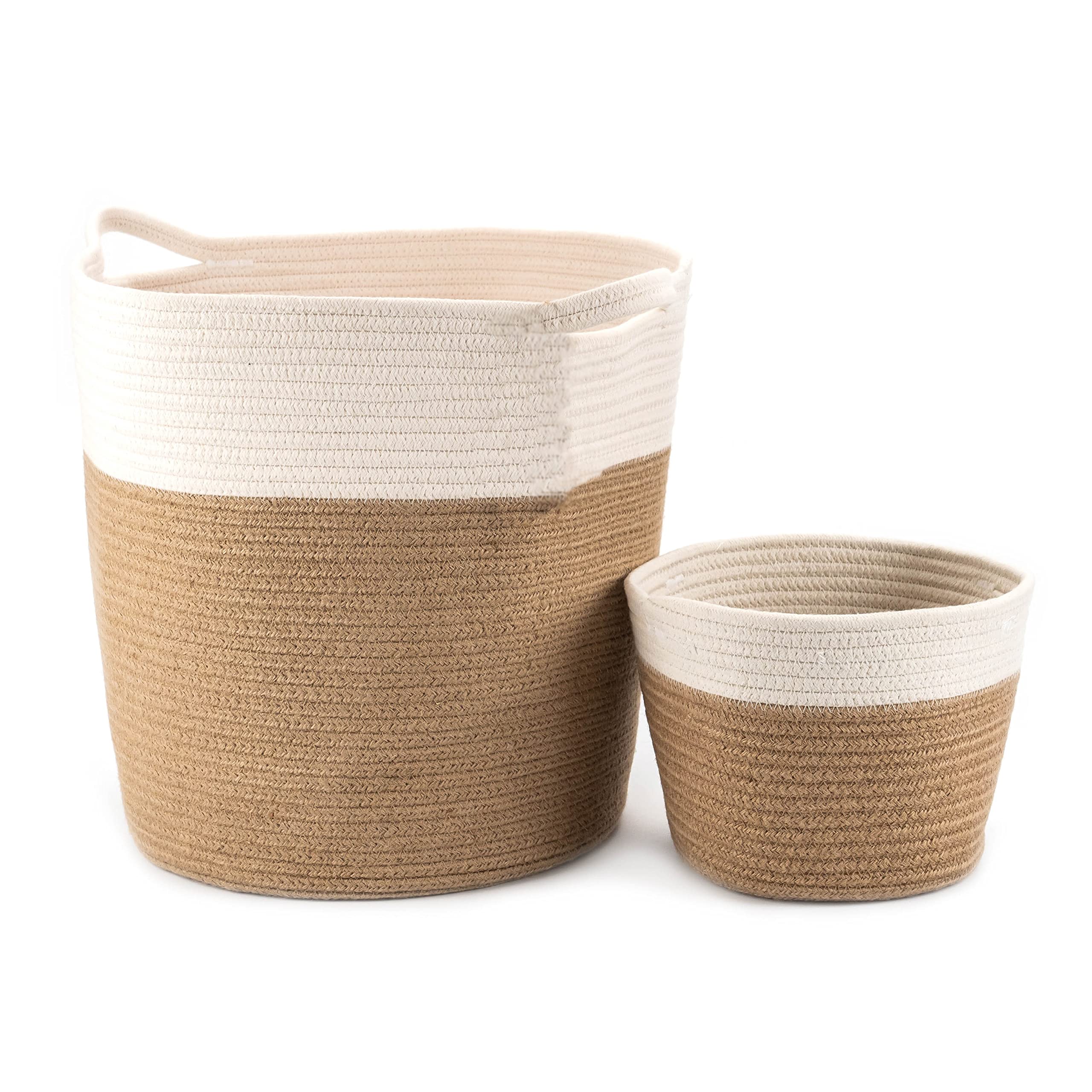 Little Hippo 2pc Large Cotton Rope Basket, White (16"x15") 100% Natural Cotton! Laundry Basket, Woven Storage Basket, Blanket Basket Living Room, Toy Storage Basket, Pillow Basket, Round Basket