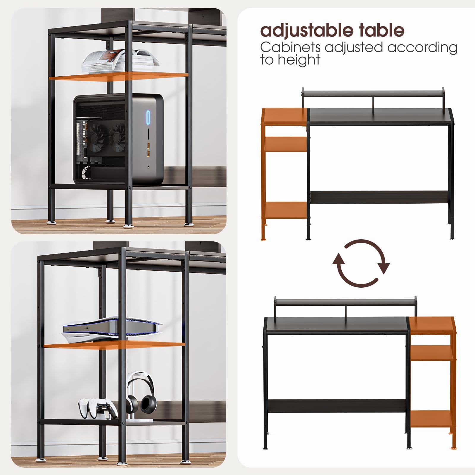 GZSHIYITECH 47”Gaming Desk/Computer Desk,Home Office Desk with Monitor Stand, Writing Desk for 2 Monitors,Desk Adjustable Storage Space, Firm and Practical Small Desk,Modern Design Corner Desk(Black