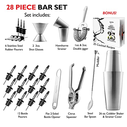 JoyTable Bar Set Cocktail Shaker Set, Stainless Steel Mixology Bartender Kit, 28PC Cocktail Kit, Silver Cocktail Set, Bar Tools: 30oz Martini Shaker, Muddler, Bar Kit Cocktail Book, Jigger and Pourers