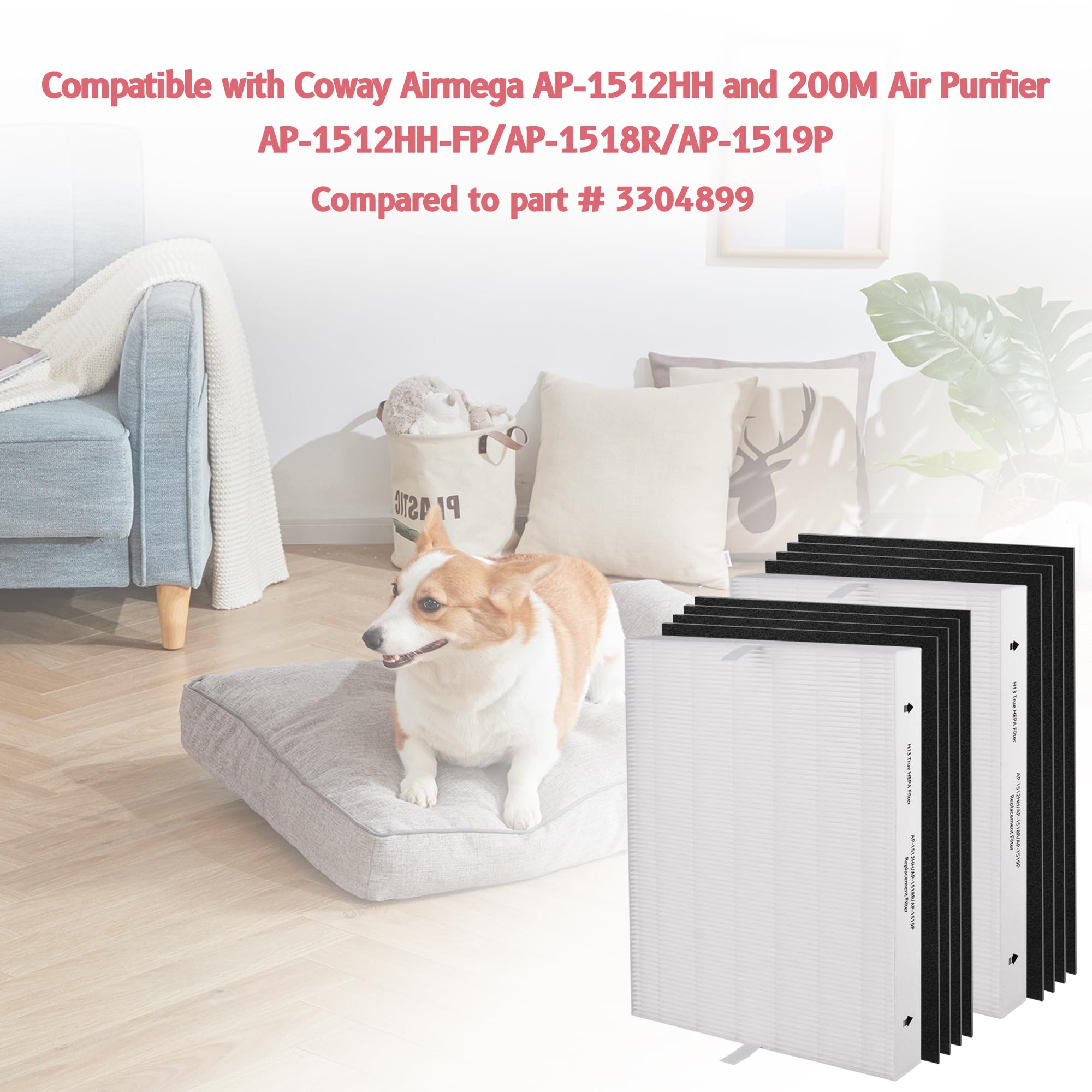 Aneedmore AP-1512HH Filter Replacement Compatible with Coway Airmega AP1512HH and 200M Air Purifiers, 2 HEPA(H13) Filter + 8 Activated Carbon Filters. Part # 3304899
