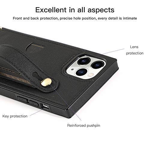 DEFBSC Crossbody Case for iPhone 12, iPhone 12 Pro Case 5G, Finger Strap Wallet Case with PU Kickstand and Adjustable Detachable Crossbody Strap Card Slot Heavy Duty Protective Square Cover-Black