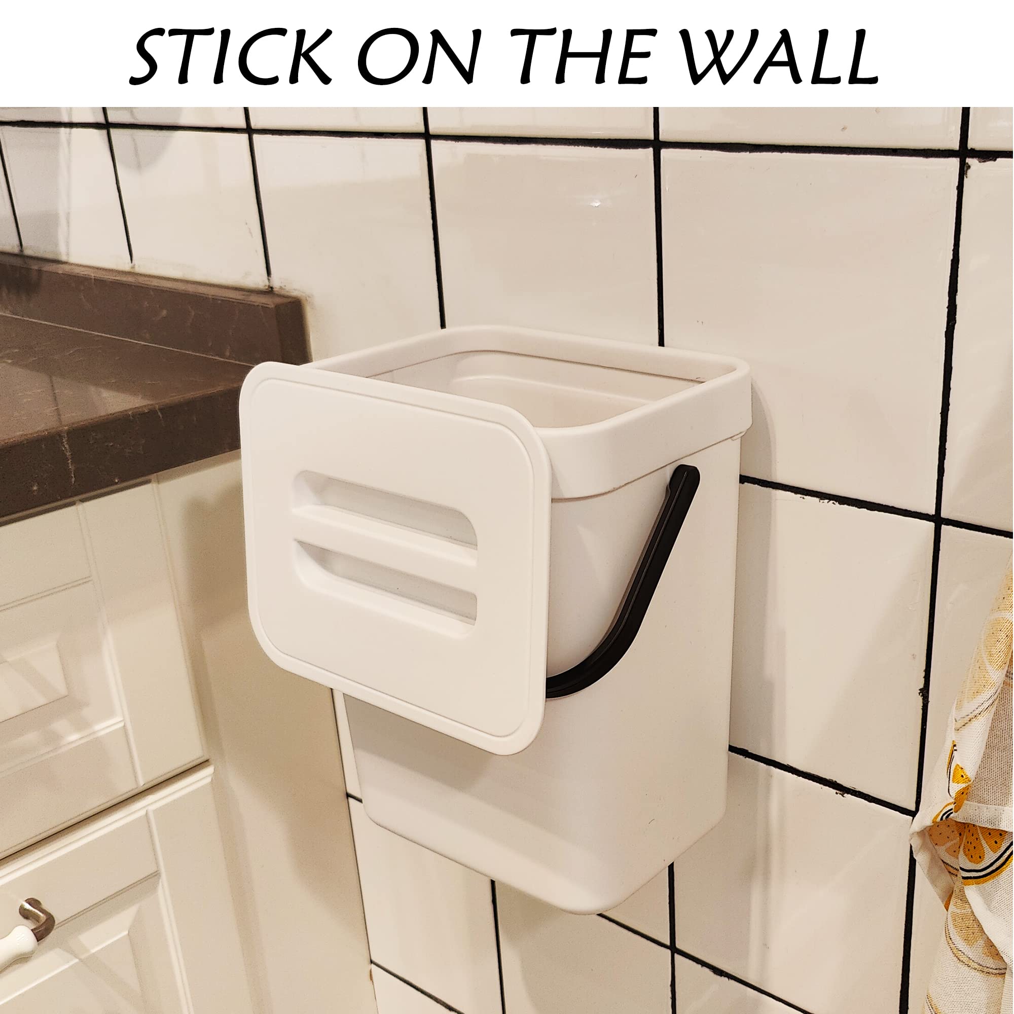 stonespace Hanging Small Trash Can with Lid Under Sink for Kitchen,1.3 Gallon/ 5L Mountable Compost Pail,Kitchen Compost Bin for Countertop, White