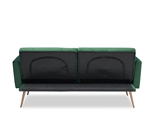 Eafurn Button Tufted Futon Bed, Modern Convertible Loveseat, Comfy Upholstered Folding Sofa & Couches with Armrest for Apartment, Compact Sofabed, Green Velvet 68.3" w/Wood Trim