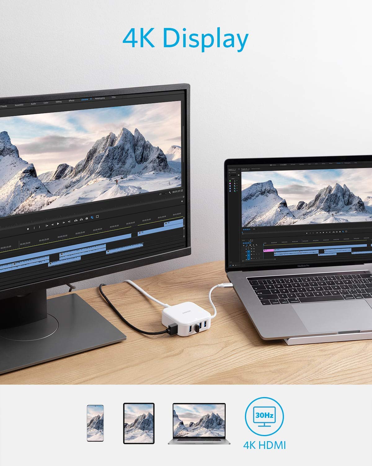 Anker USB C HDMI Hub with AC Adapter, PowerPort 5-in-1 37.5W Charger, with 4K HDMI, 30W Power Delivery, 4 USB 3.0 Ports, Compatible with iPhone, iPad, MacBook, Galaxy, Note, and More