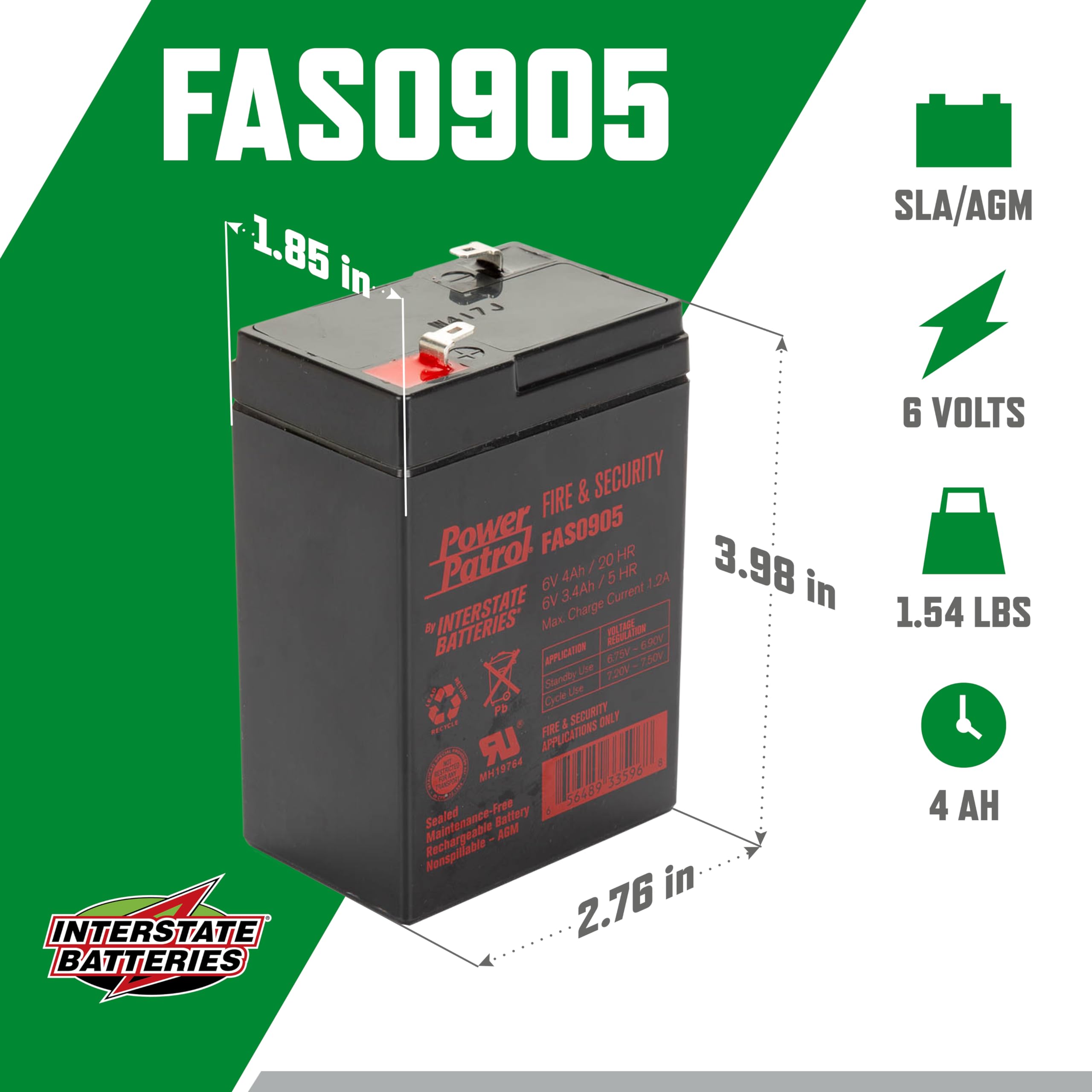 Interstate Batteries 6V 4Ah Fire & Security Battery (F1 Terminal) SLA AGM VRLA Power Patrol Rechargeable Replacement for Fire Alarms, Security Systems, General (FAS0905)