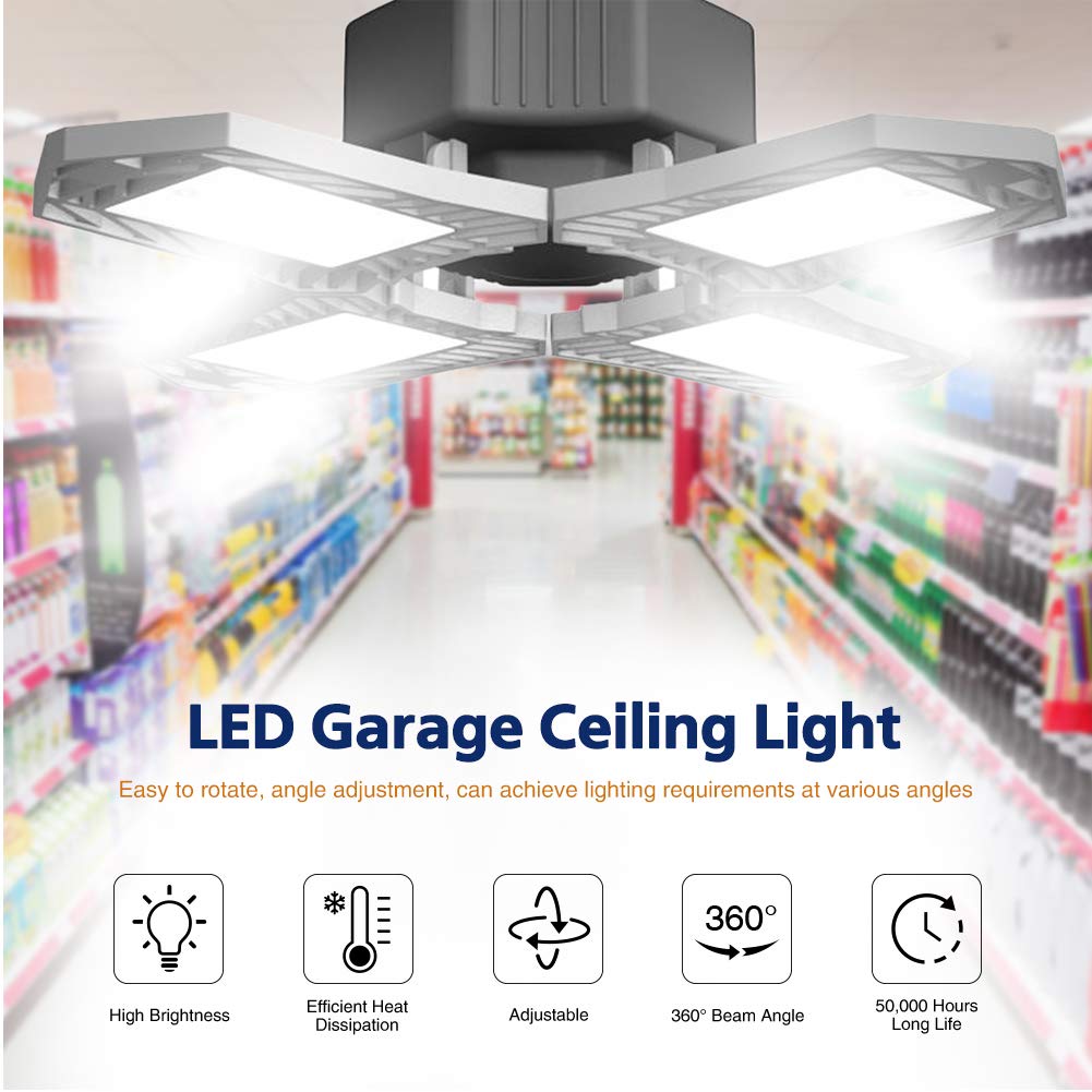 Ankishi Garage LED Lights Ceiling 2 Pack,150W Deformable led Garage Lights,E27/E26 Garage LED Light with 4 Adjustable LED Panels,15000LM LED Shop Lights for Garage,Warehouse,Workshop and Yard