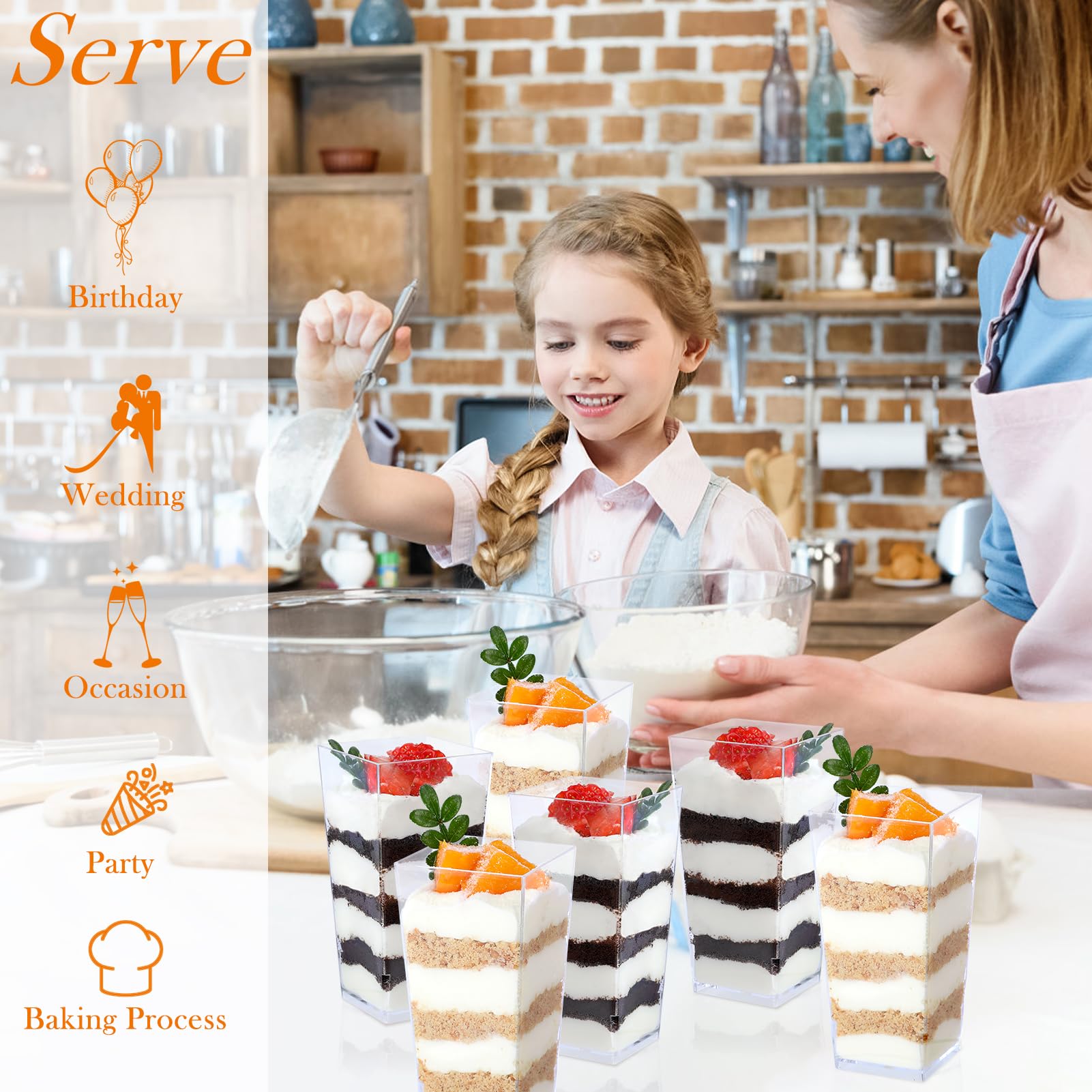 HawHawToys 100 Pack 3 OZ Mini Dessert Cups with Lids and Spoons, Square Tall Plastic Parfait Cups Dessert Shooter Cups for Party, Small Plastic Dessert Cups for Pudding, Appetizers