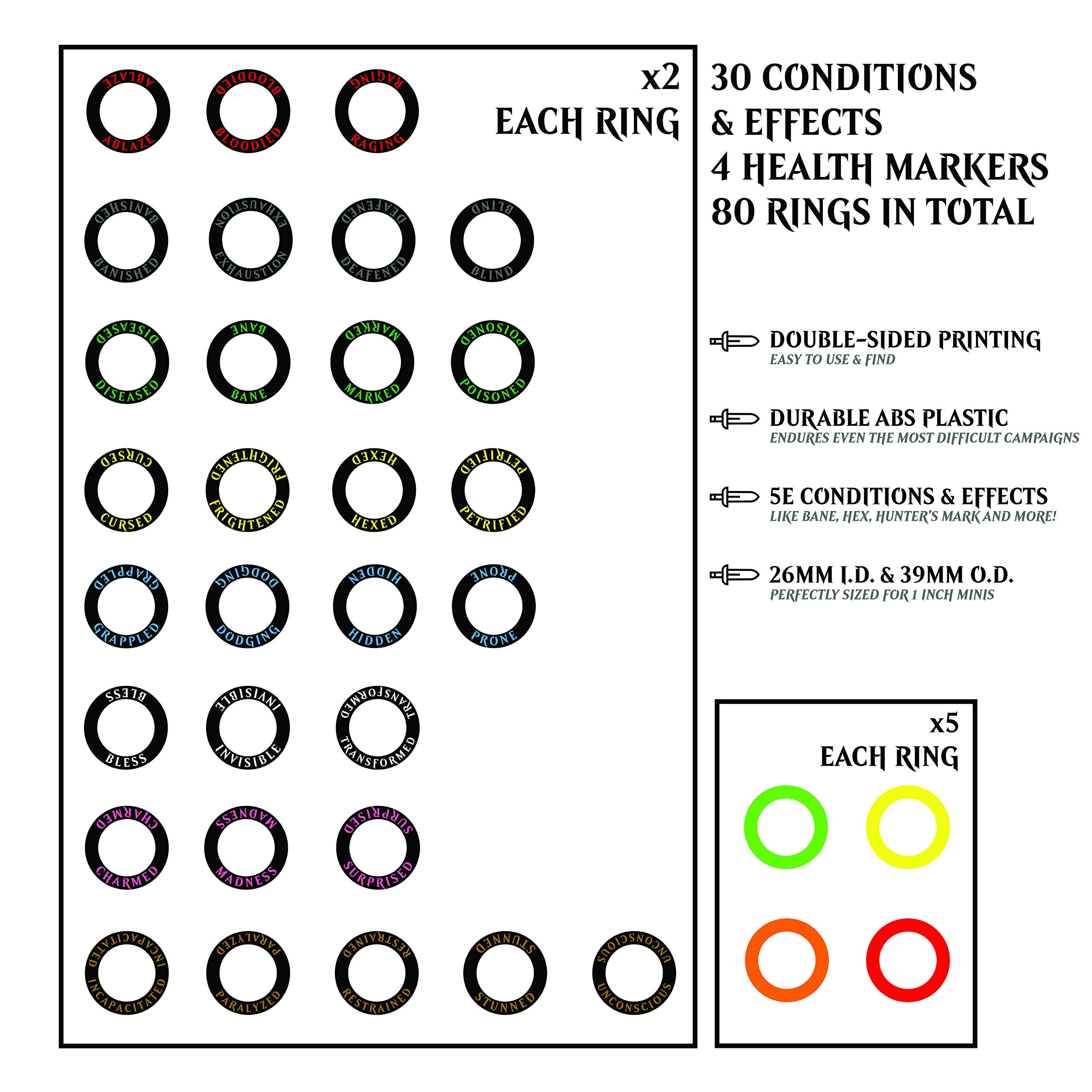 Citadel Black Health & Condition Rings - 80 Pack - Double Sided Black Plastic Rings, 30 Conditions & 4 Health Markers, Made for Dungeons and Dragons 5th Edition & Other Tabletop Role-Playing Games