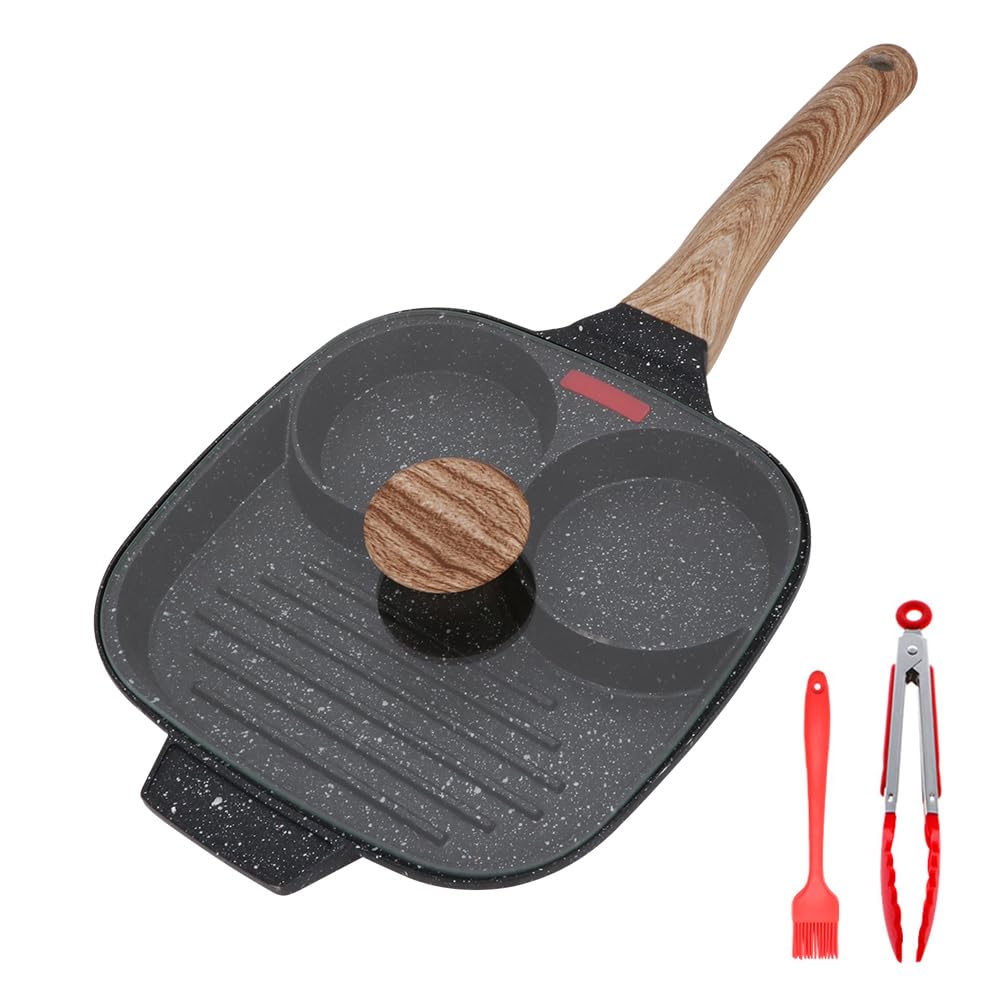 Bobikuke Egg Pan, Egg Frying Pan, Fried Egg Pan with Lid Nonstick 3 Section Pancake Pan Divided Pan for Breakfast,Gas & Induction Compatible, 8.3 Inch