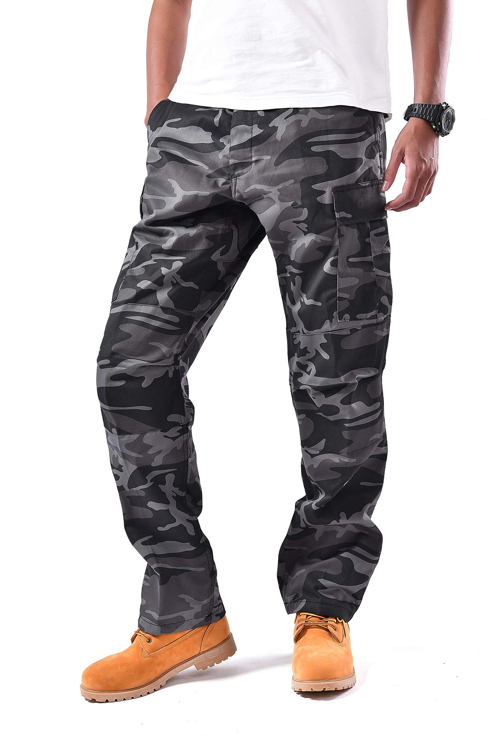BACKBONE Mens Fashion Bright Camouflage Cargo Pants Military Combat Style BDU Pants (XL, Black Camo)