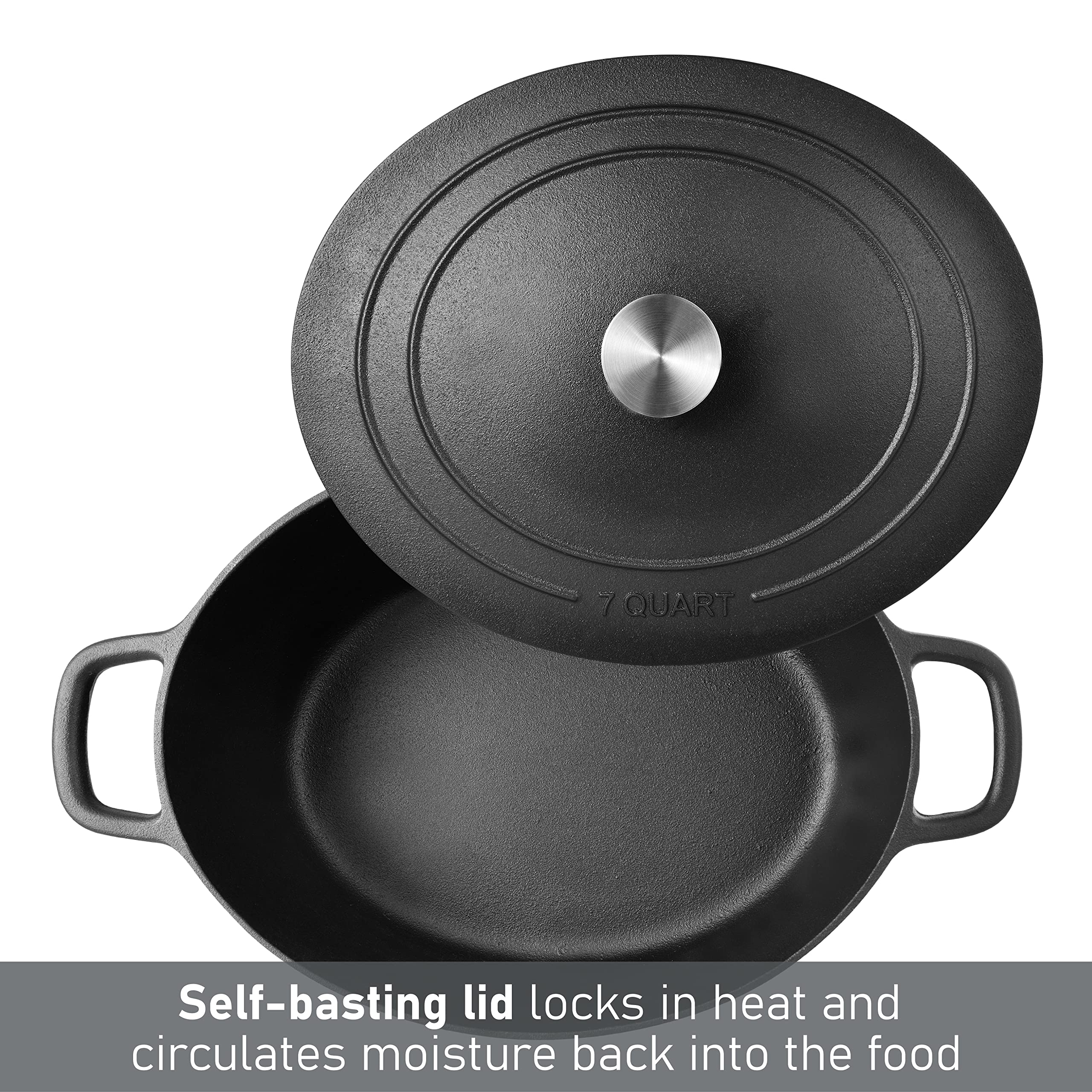 BBQ by MasterPRO - 7 Qt Pre Seasoned Cast Iron Oval Dutch Oven with Self Basting Lid and Stainless Steel Handle, 7 Quarts, Black