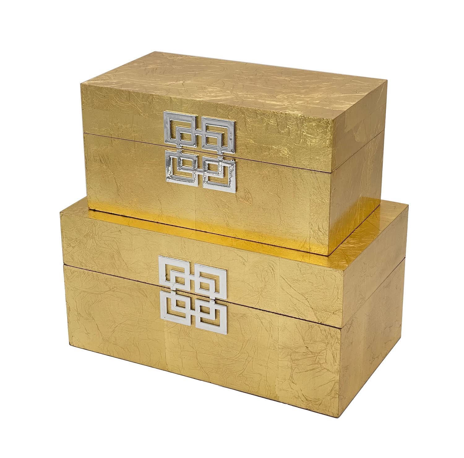 Galt International Storage Box Set Decorative Storage Box w/Hinged Lid Classic Design Wood Decor Boxes with Geometric Clasp Storage for Bedroom & Home - Set of 2 (Black & Gold)