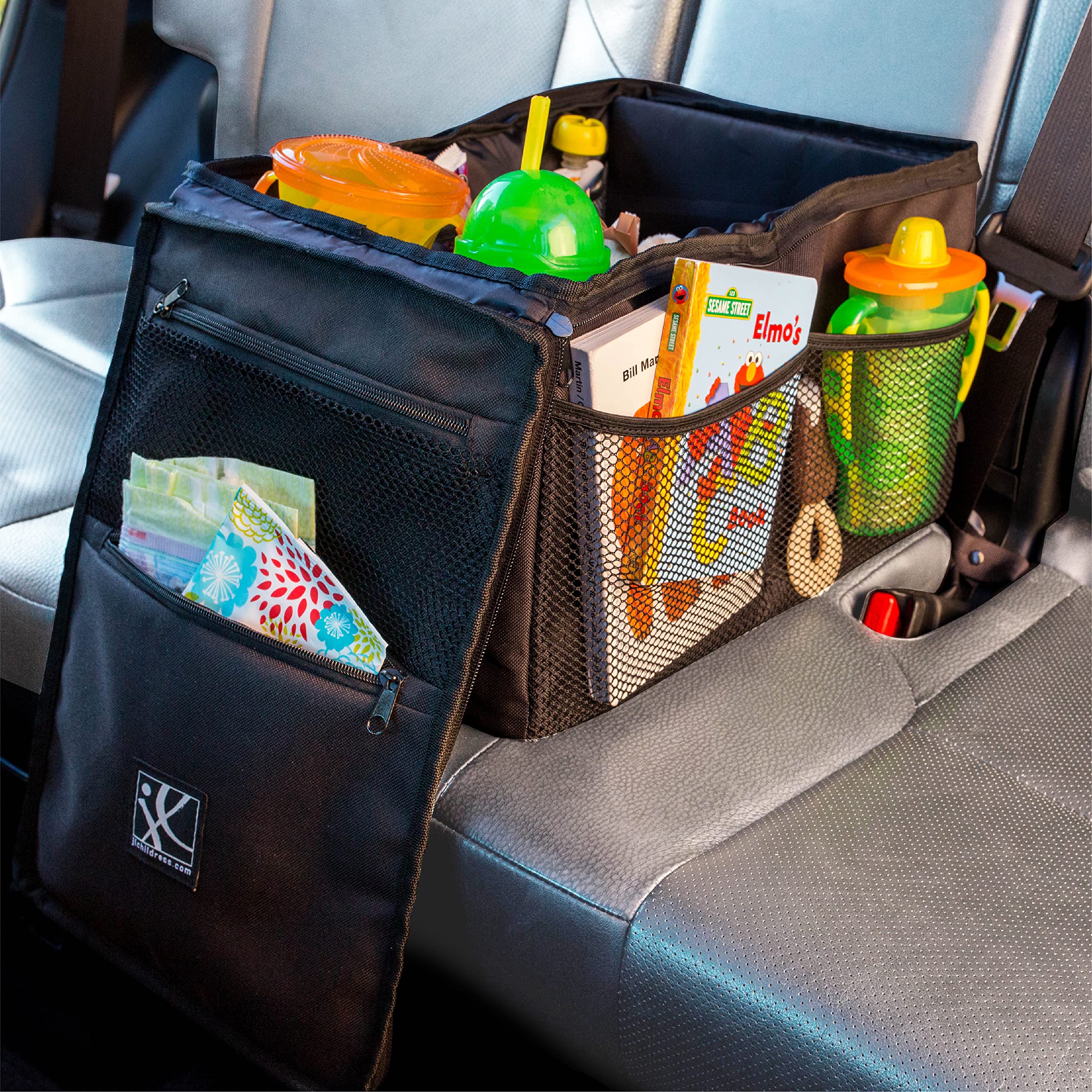 J.L. Childress Backseat Butler Car Seat Organizer - Cup Holders and Storage for Front, Back, Passenger Seats, Trunk - Travel Roadtrip Organization - Extra Large Size - 10 Pockets - Black