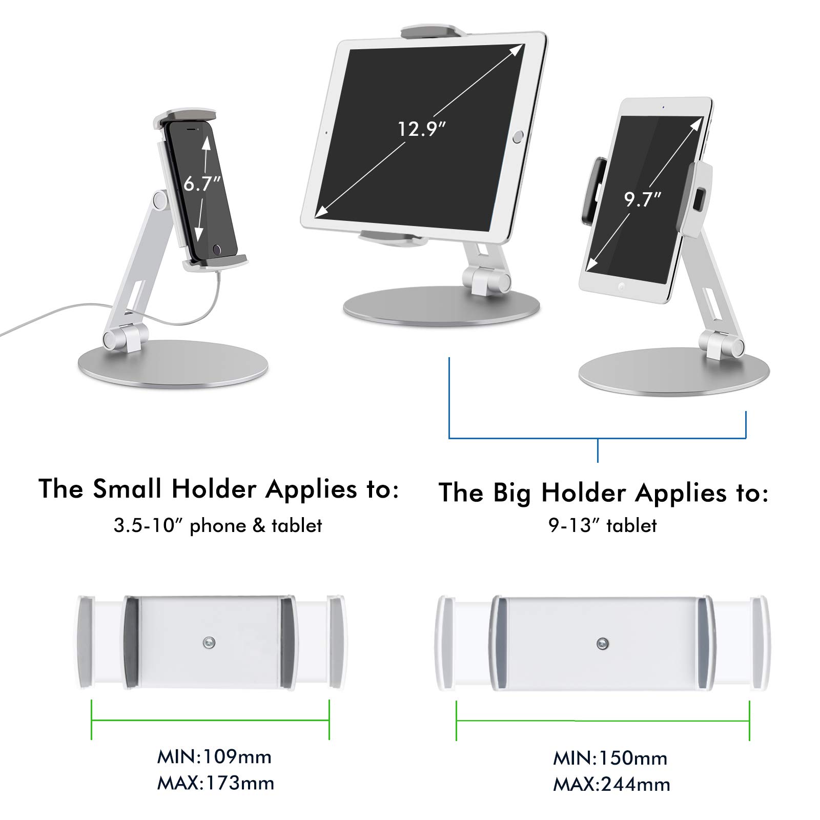 Viozon Tablet Stand and Holders with Adjustable Range and Height Aluminum Stand Compatible with iPad/iPad pro/ipad Mini/Cellphone/Kindle Desk Holder fits 3.5-13inches, 360° Swivel Adjustable Base