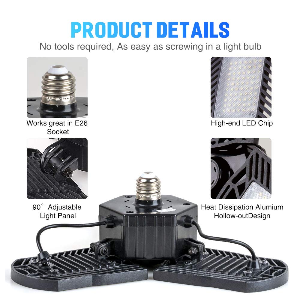 ALUOCYI Led Garage Light with Remote Control, 80W Deformable Garage Light with 3 Adjustable LED Panels, 8000 Lumens, 6500K Daylight, E26/E27 Super Bright Bulb for Warehouse, Barn, Workshop, Yard