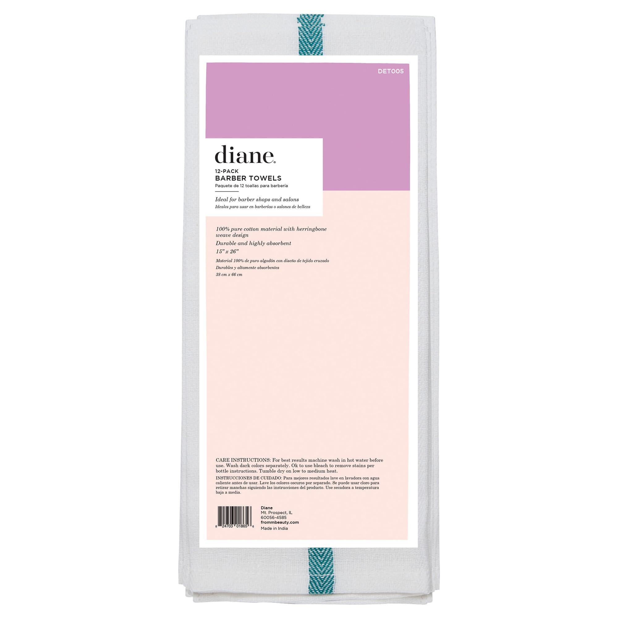 Diane DET005 100% Cotton Barber Towels 15"x26" for Salon, Spa, Barber Shop, White - 12 Pack