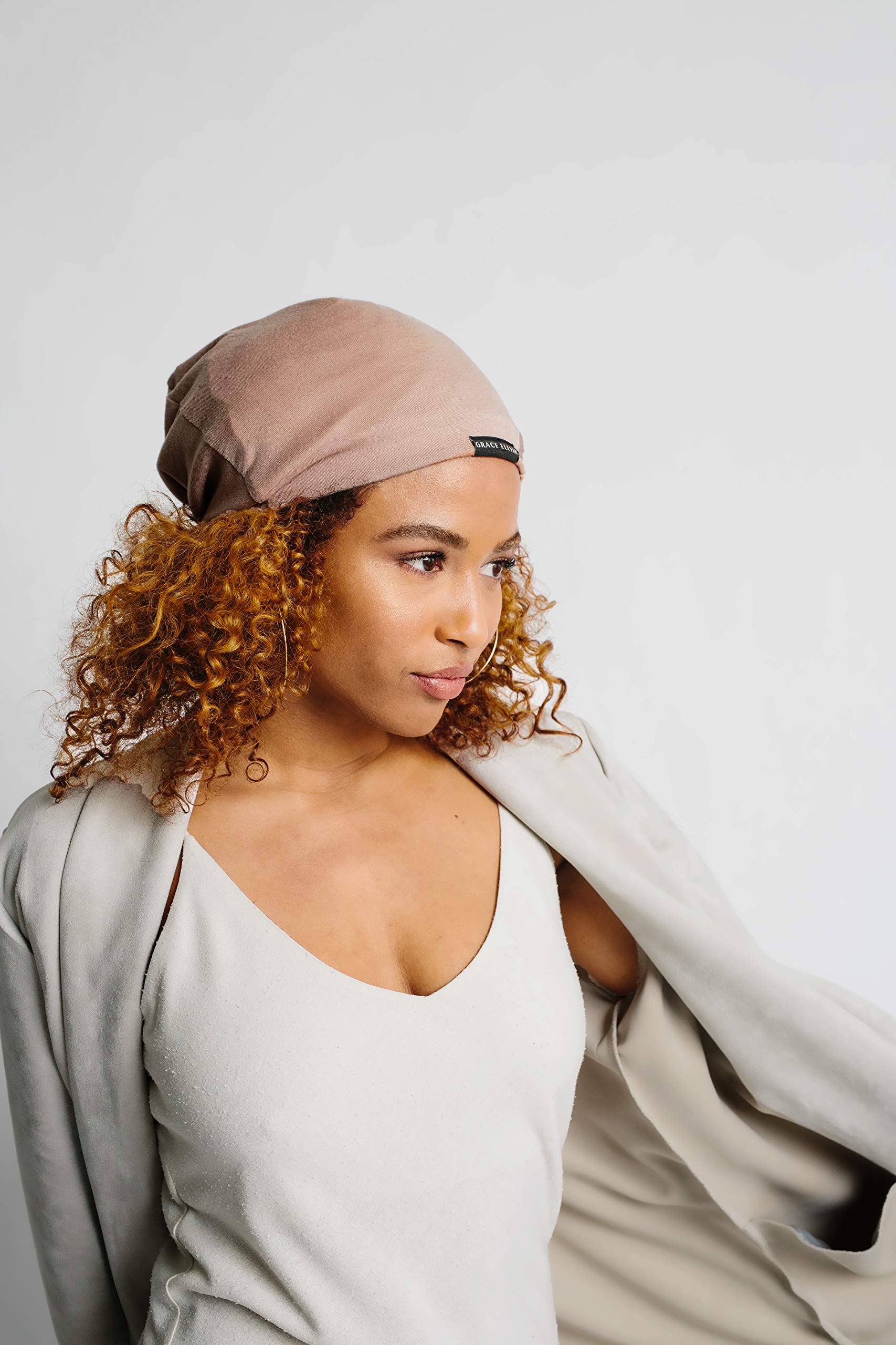 Grace Eleyae Women's Sleep Cap Slap Silky Sleeping Stylish Beanie Hat Premium Quality Head Cover for Curly Hair Soft & Smooth (Walnut)
