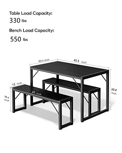 Bealife Dining Table Set for 4, Modern Kitchen Table Set with 2 Benches, 45.5in 3-Piece Soho Dining Room Table Set with Metal Frame and MDF Board, Sturdy Structure, Space-Saving Furniture (Black)