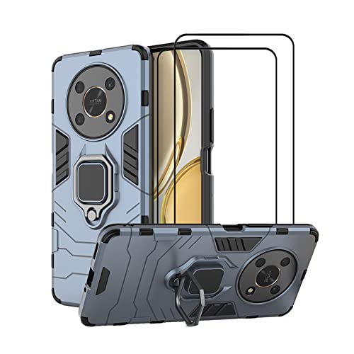 Compatible with Honor X9 Case Kickstand with Tempered Glass Screen Protector [2 Pieces], Hybrid Heavy Duty Armor Dual Layer Anti-Scratch Phone Case Cover, Blue