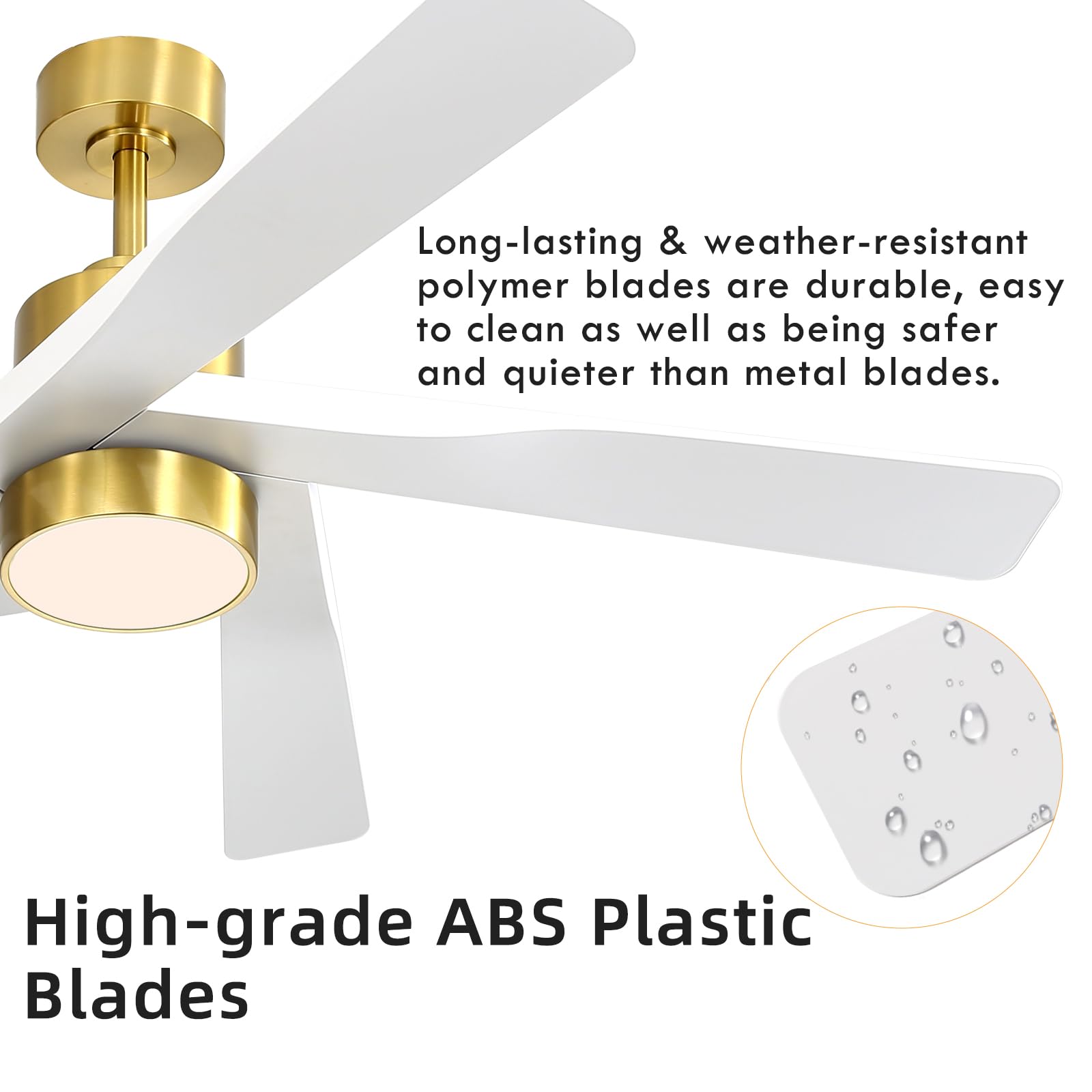 ACOZ 64" ABS DC Ceiling Fan with Lights, 5 Blade ABS Plastic Ceiling Fan with Remote, 6-Speed Reversible DC Motor, LED Ceiling Fan for Kitchen Bedroom Living Room, Brass and White