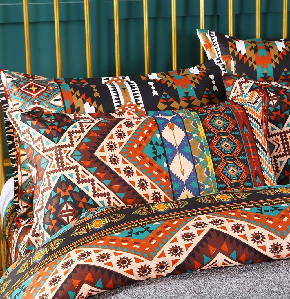 Bsmilly Bohemian Duvet Cover Set King Boho Chic Floral Striped Bedding Set Super Soft Microfiber Indian Tribal Duvets Cover Southwestern Exotic Mandala Comforter Cover Orange