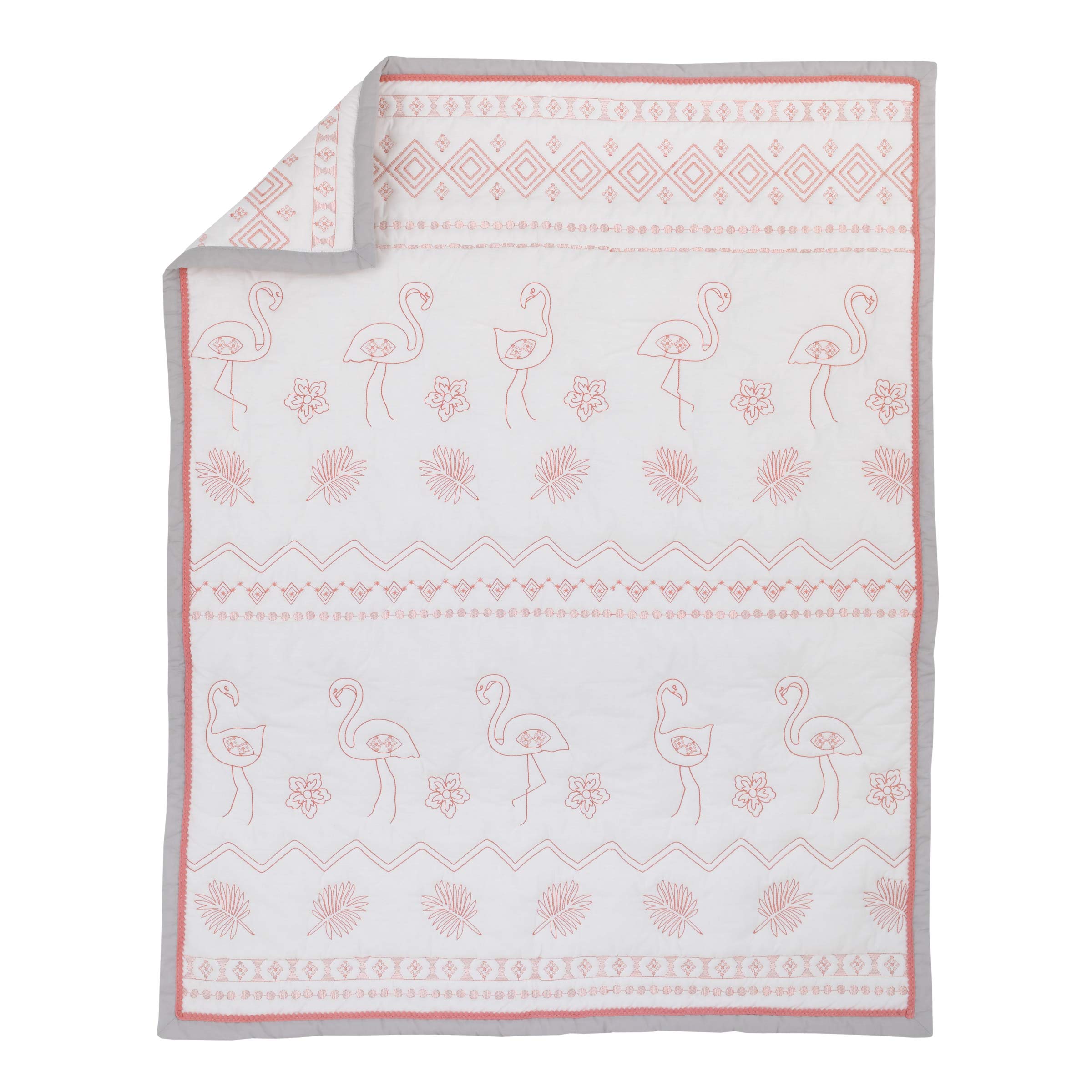 Nojo Tropical Flamingo Pink & White 100% Cotton 4Piece Nursery Crib Bedding Set, Embroidered Quilt, Fitted Sheet, Dust Ruffle, & Diaper Stacker, Pink, White, Grey