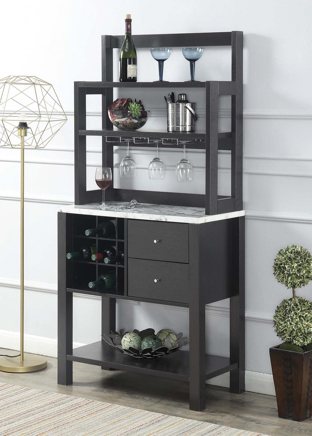 Convenience Concepts Newport Serving Bar, White Faux Marble/Espresso