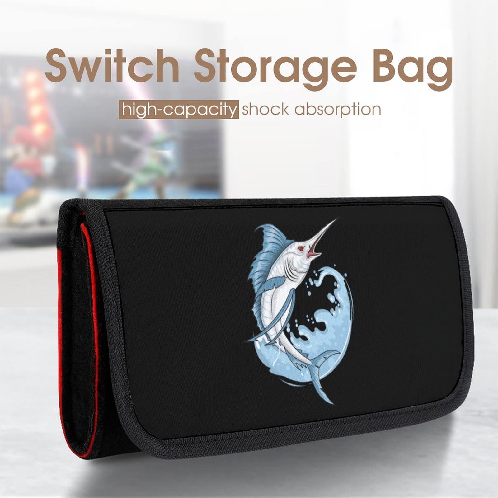 Angler Fish Marlin Carrying Bag Compatible with Switch Protective Case Slim Felt Pouch with 5 Game Cartridges Holders