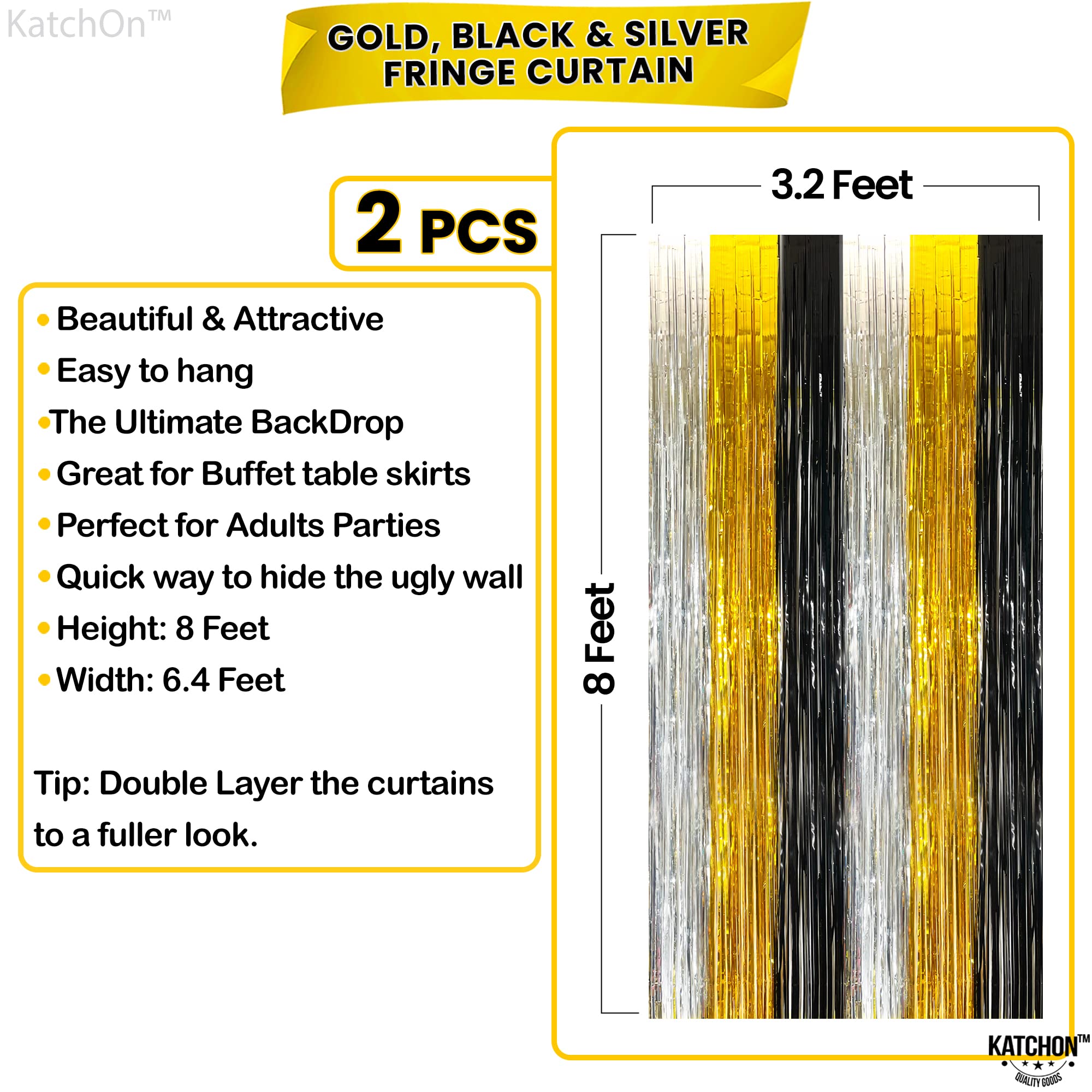 KatchOn, XtraLarge Silver Black and Gold Backdrop - 8x3.2 Feet, Pack of 2 | Black Gold and Silver Party Decorations |Graduation Decorations, The Notorious One Birthday Decorations for Boys