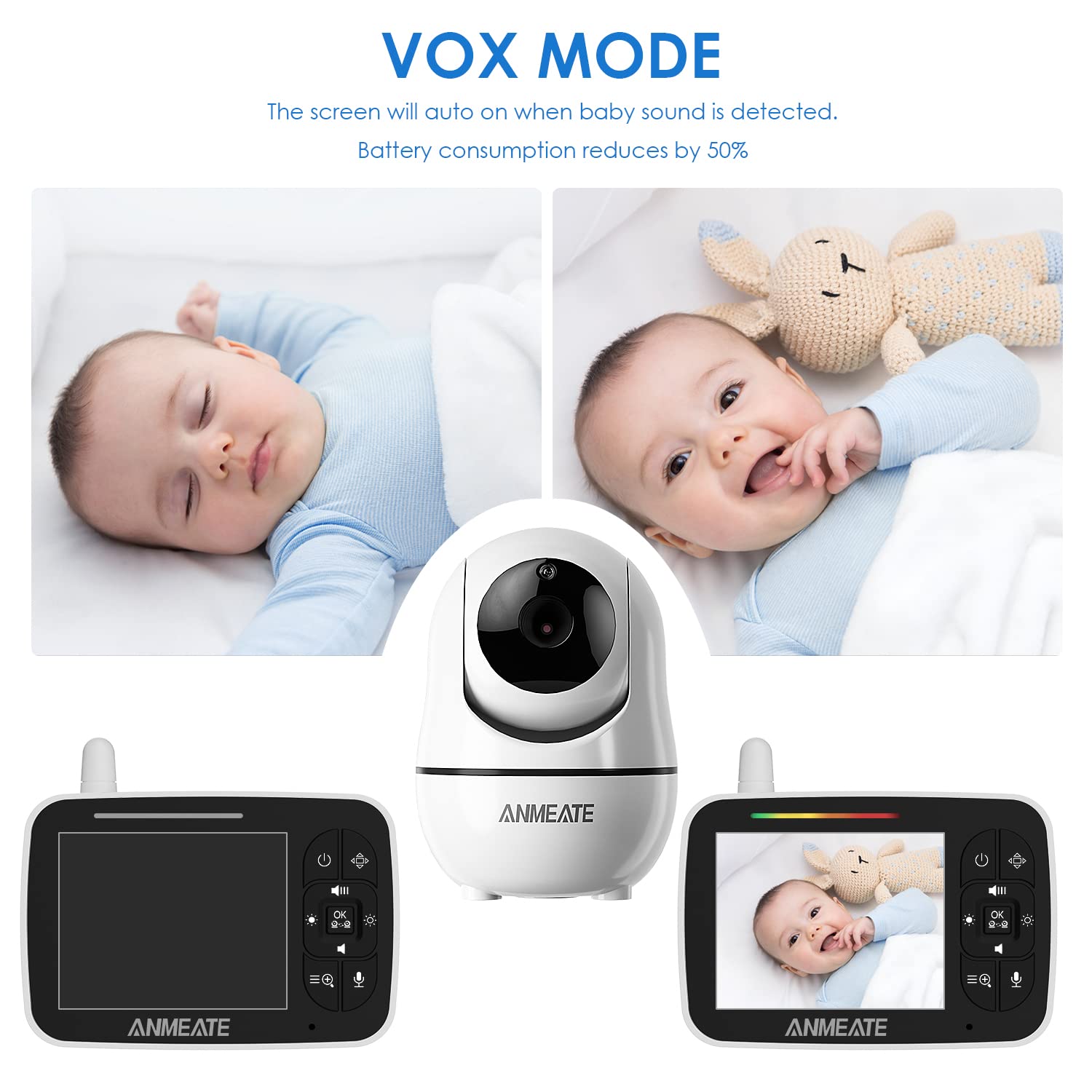 ANMEATE Baby Monitor with Remote Pan-Tilt-Zoom Camera, 3.5inch Large Display Video Camera,Audio |Infrared Night Vision |Two Way Talk | Room Temperature| Lullabies 960ft Range