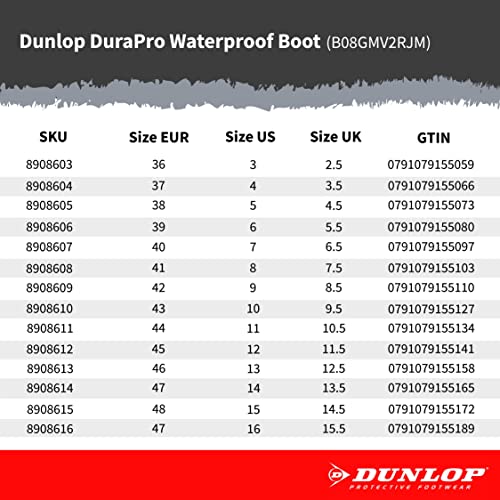 Dunlop Protective Footwear,Durapro Steel Toe, 100% Waterproof Polyblend PVC Material, Comfortable DURAPRO Energizing Insoles, Lightweight and Durable8908600.05, Size 5 US