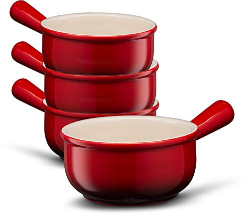 KooK French Onion Soup Crocks, Ceramic Bowls, Broil, Oven, Microwave and Dishwasher Safe, for Cereal, Soups, Casseroles, with Handle, Stoneware, 15 oz, Set of 4, Red Ombre