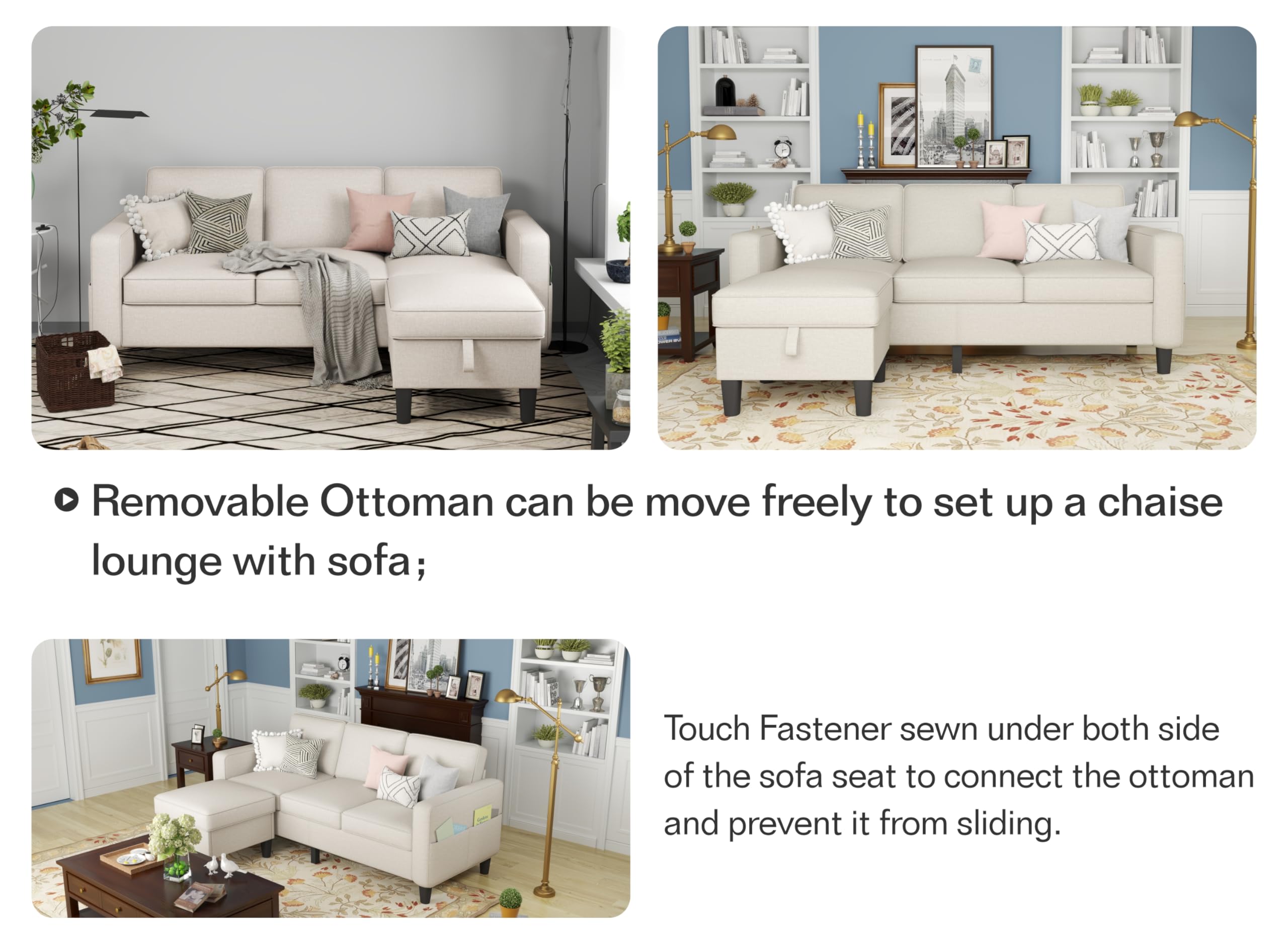 Woyomeub Sectional Sofa 78" Couch Couches for Living Room with Storage Ottoman Beige Modern L Shaped 3 Seater Sofas for Small Space Dorm APT