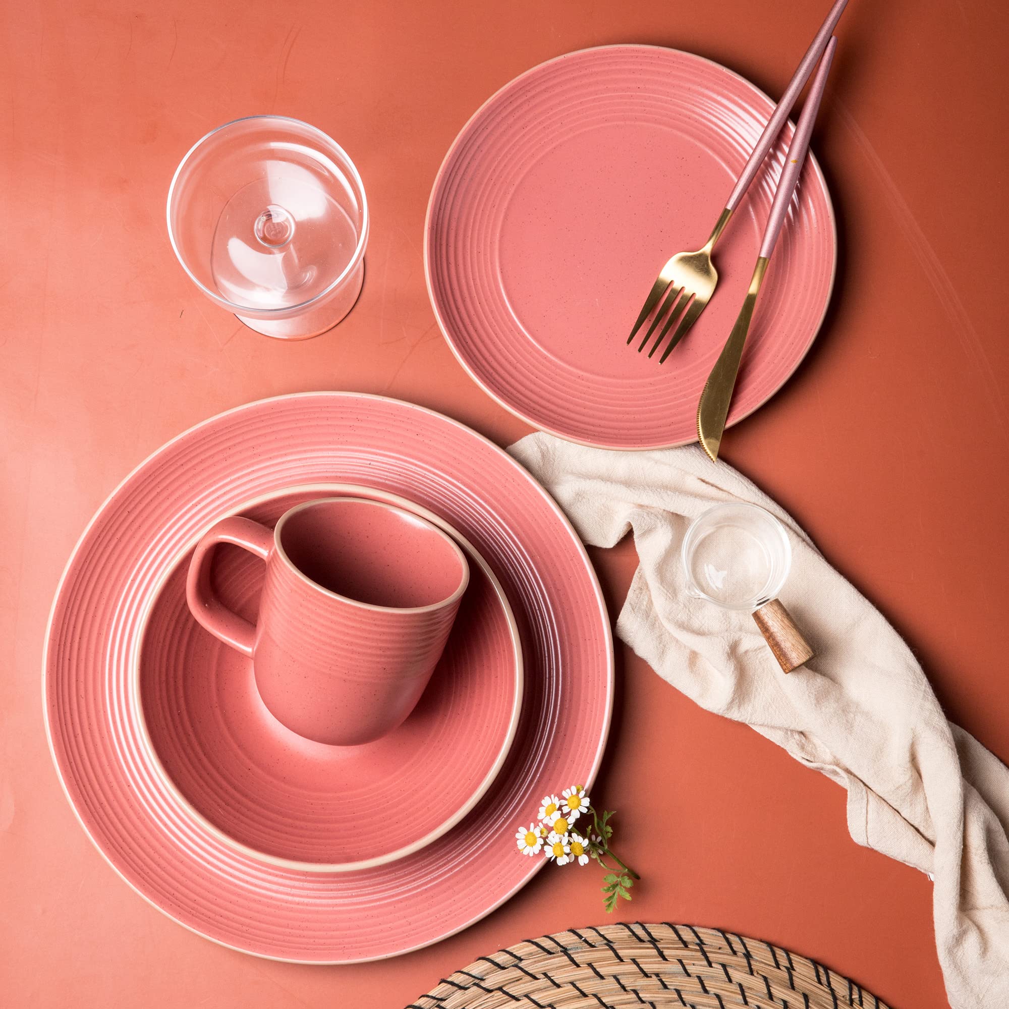 Arora RINGAR Round Stoneware 16pc Double Bowl Dinnerware Set for 4, Dinner Plates, Side Plates, Cereal Bowls, Pasta Bowls - Speckle Matte Red (395438)