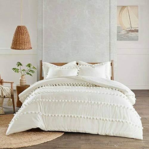 Bohemian Dorm Decor Off White Doona Duvet Cover with Pom Pom Lace Boho Comforter cover Quilt Cover Bedding Sheet Boho Bedspread With 2 Pillowcases 2 Cushion covers Set (Twin Size 60x90 Inches)