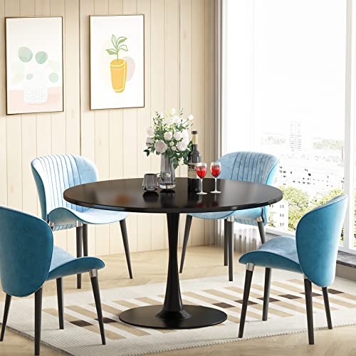 DKLGG Black Round, 42.1" Tulip Kitchen Dining 4-6 People with MDF Top & Pedestal Base, Mid-Century End Leisure Coffee Office Living Room Table