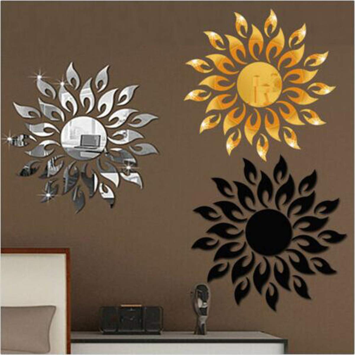 Winwinfly Mirror Wall Stickers Sun Flower Shape Wall Decals for Home Wall Decoration,Golden