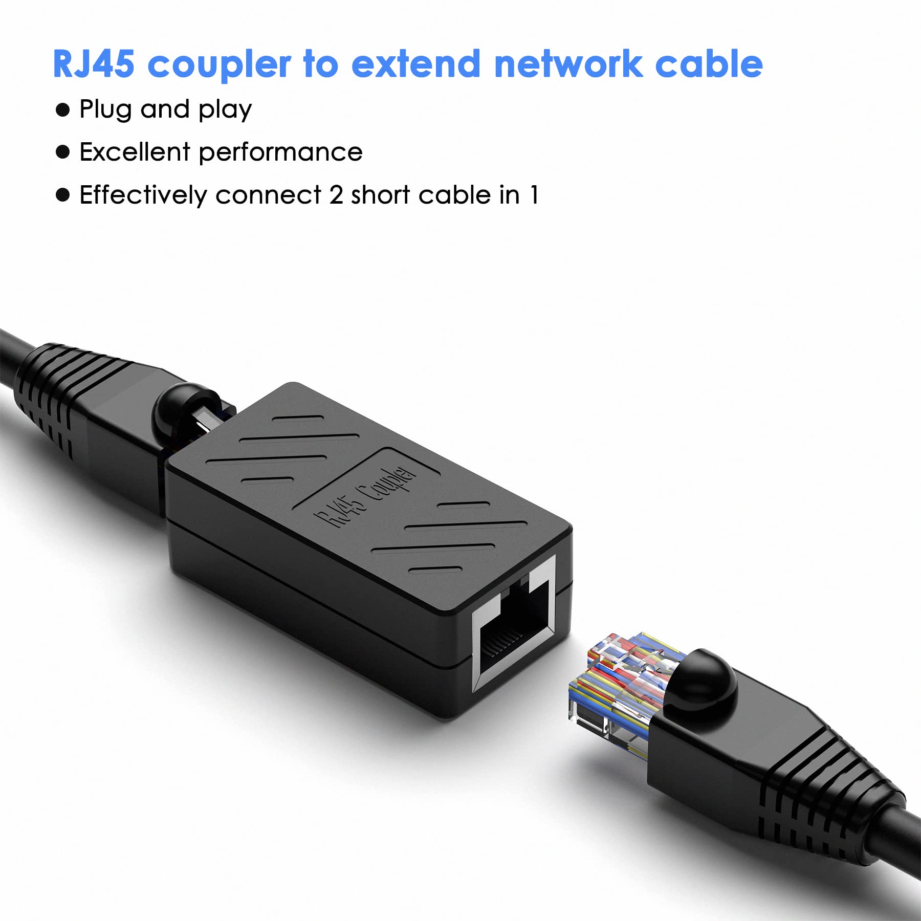 Dingsun RJ45 Coupler, Ethernet Extender, in-Line Coupler Female to Female Ethernet Coupler for Cat7/ Cat6/ Cat5/ Cat5e Ethernet Cable Extender Adapter (2Pack, Black)