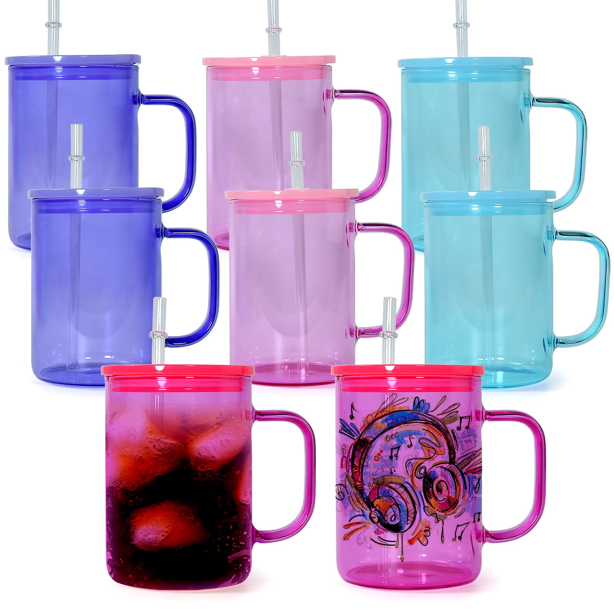 FECBK 15 oz Sublimation Glass Mugs Set, 8 Pack Colorful Tumblers with Handle, Lids & Straws, Reusable, for Beer, Juice, Iced Coffee