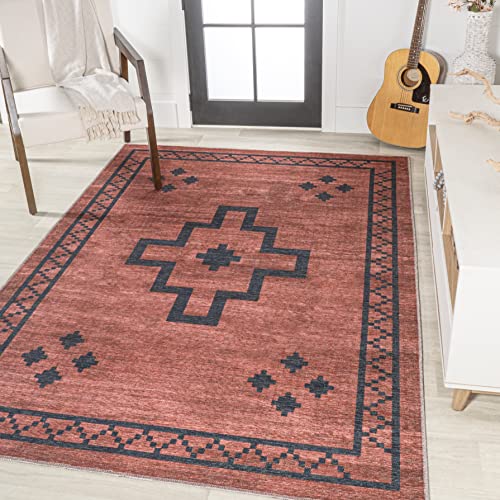 JONATHAN Y WSH118A-5 Korsa Geometric Medallion Machine-Washable Indoor Area -Rug, Bohemian Southwestern Rustic Easy -Cleaning,Bedroom,Kitchen,Living Room,Non Shedding, Brown/Navy, 5 X 8