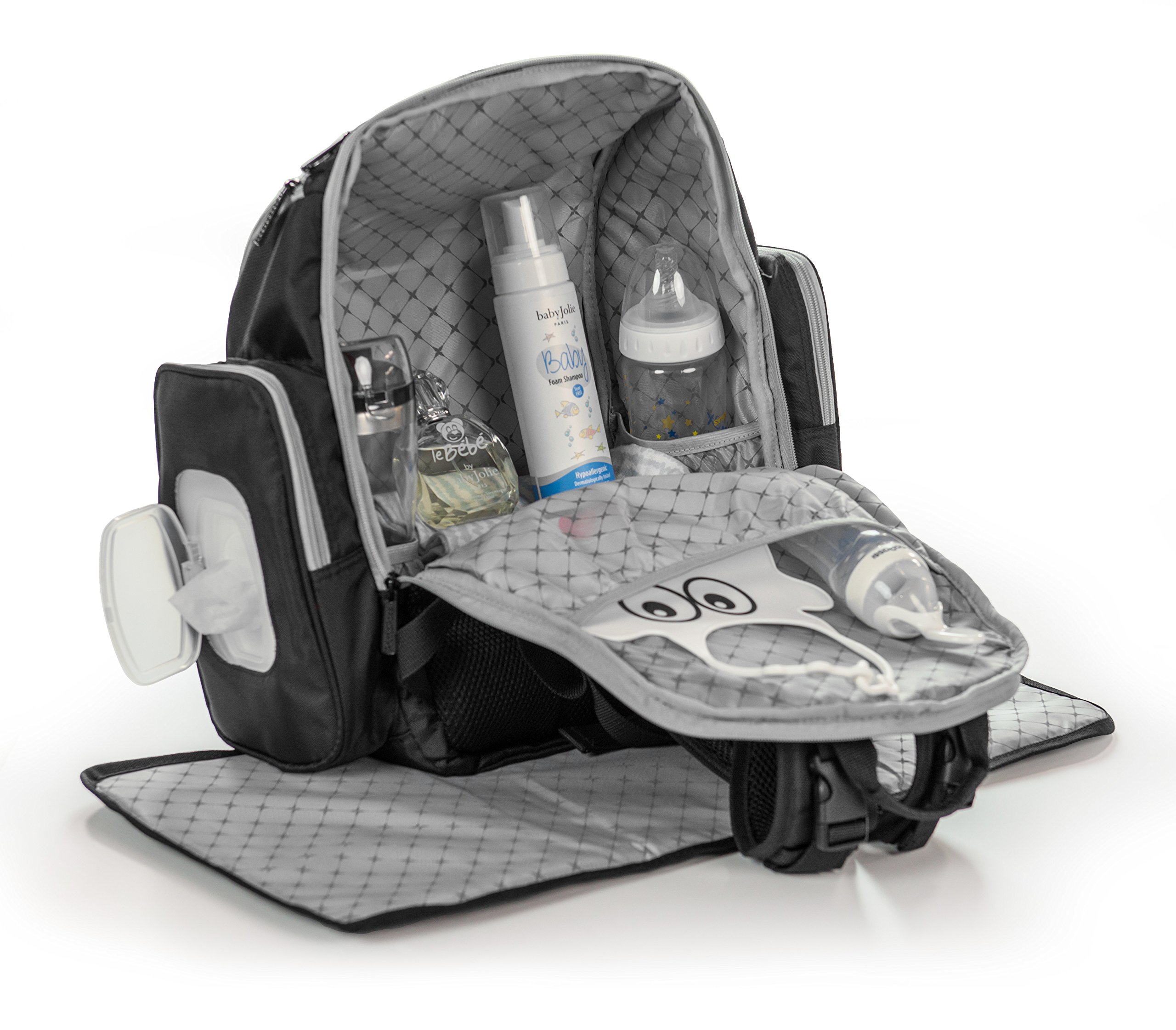 Primo Passi Baby Diaper Bag Backpack with Insulated Pockets, Wipes Case, Changing Pad, and Stroller Straps (Grey)