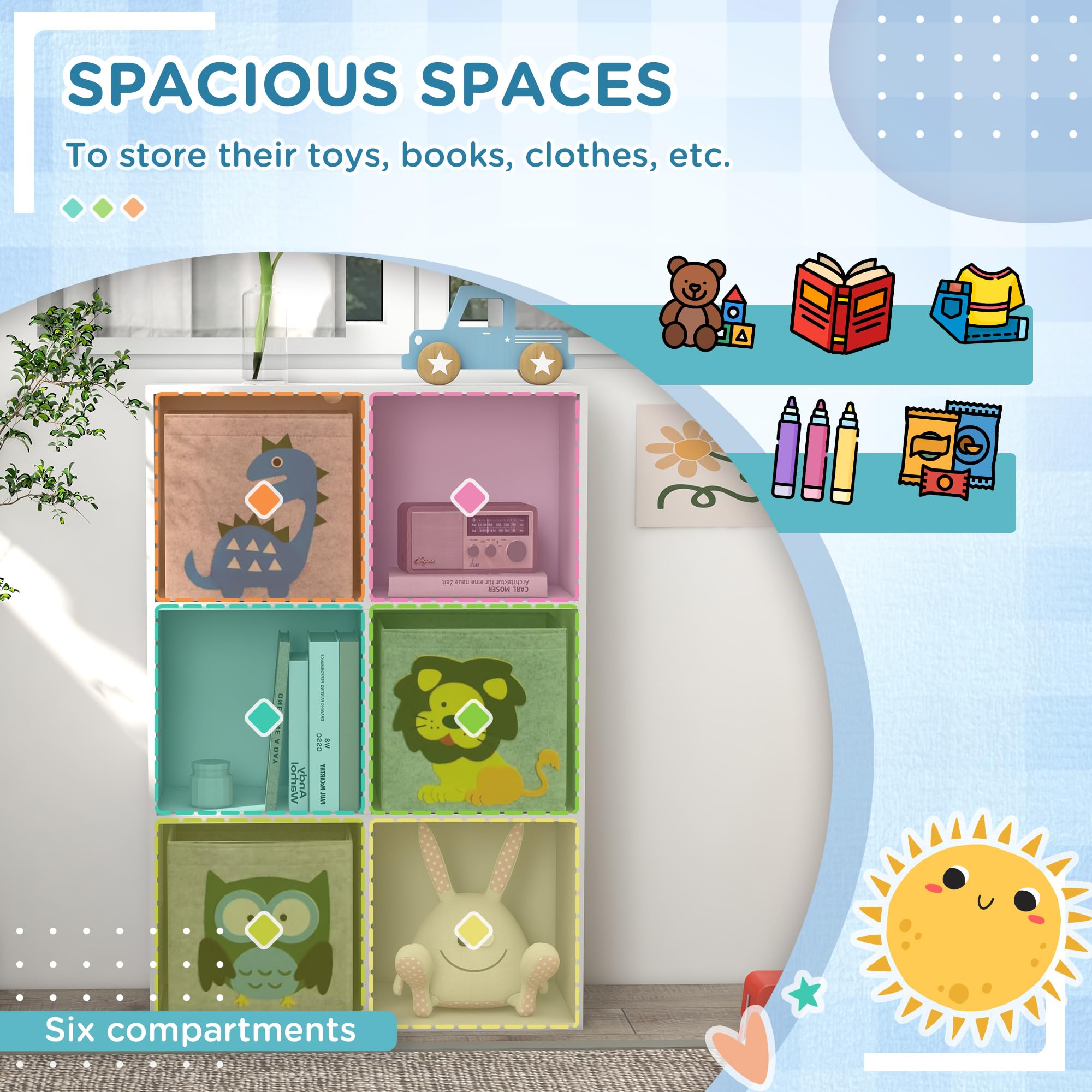 Qaba Children's Toy Organizer, Toy Storage with 3 Storage Bins and Cute Animal Design, Toy Shelf for Kids 3+ Years Old, White