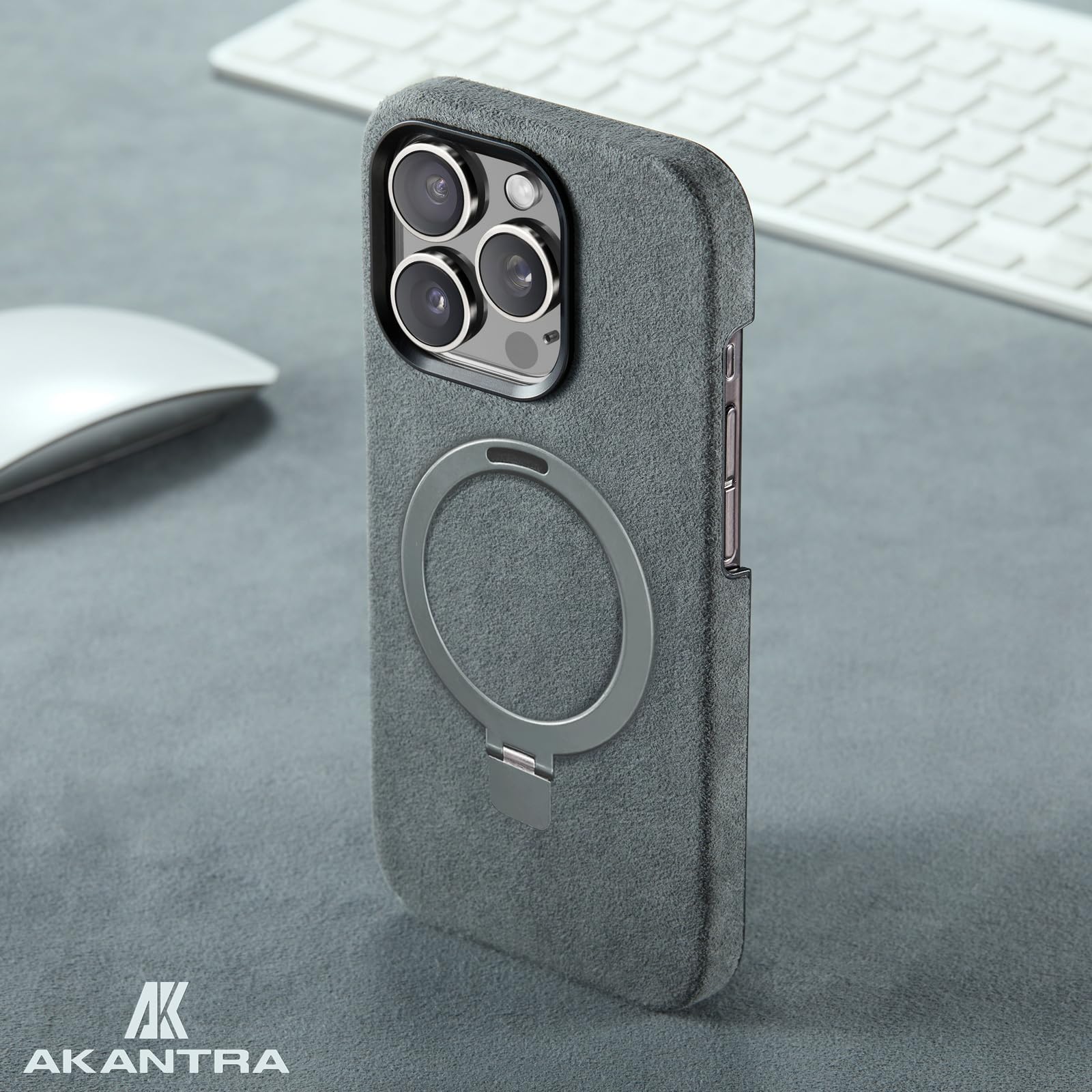 AKANTRA Alcantara Case for Apple iPhone 15 Pro Max, Handmade Half-Wrapped Synthetic Suede Cover, Magnetic Holder Ring Compatible with Magsafe Wireless Charging (iPhone15 Pro Max, Black)