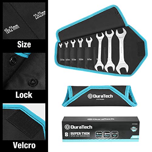 DURATECH Super-Thin Open End Wrench Set, Metric, 8-Piece, Including 5.5, 7, 8, 9, 10, 11, 12, 13, 14, 17, 19, 21, 22, 23, 24, 27 mm, Slim Spanner Wrench Set with Rolling Pouch