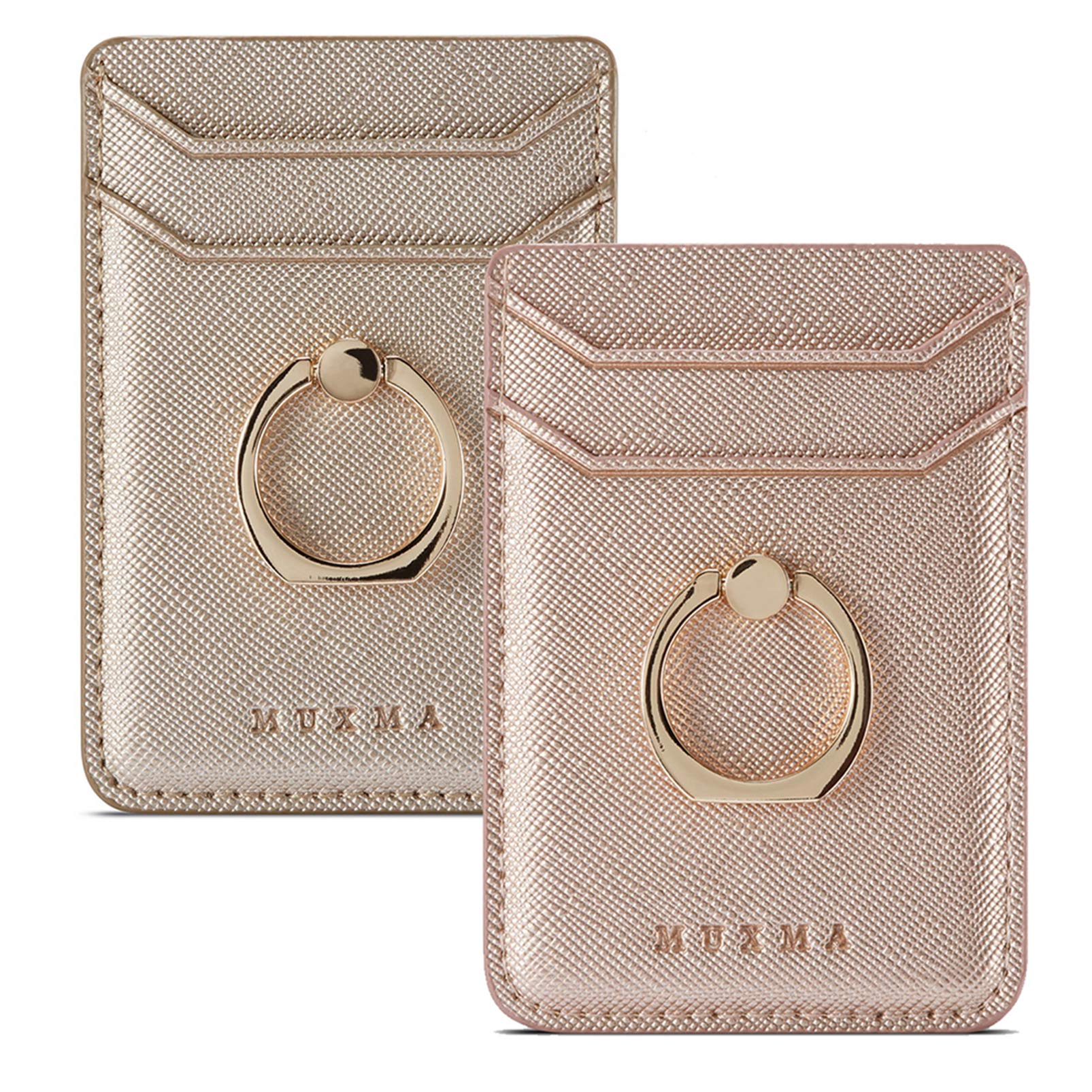 ACRSIKR Card Holder for Back of Phone, RFID Blocking Cell Phone Credit Wallet with Ring Pocket Stick on iPhone Rose Gold