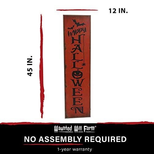 Haunted Hill Farm 45-in. Happy Halloween Porch Leaner Sign with LED Lights, Battery Operated, Festive Holiday Decor, Jack-O-Lantern, Bats in Orange & Black