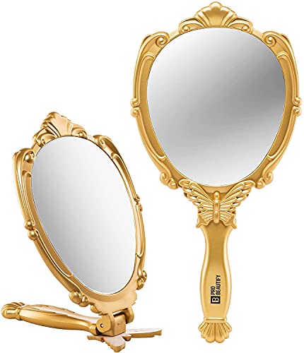 PROBEAUTIFY Decorative Hand Held Mirror | Beautifully Butterfly Design Hand Mirrors with Handle | Lightweight Mirror | 180 Degrees Full Folding Portable Mirror | Travel Makeup Mirror (Gold)