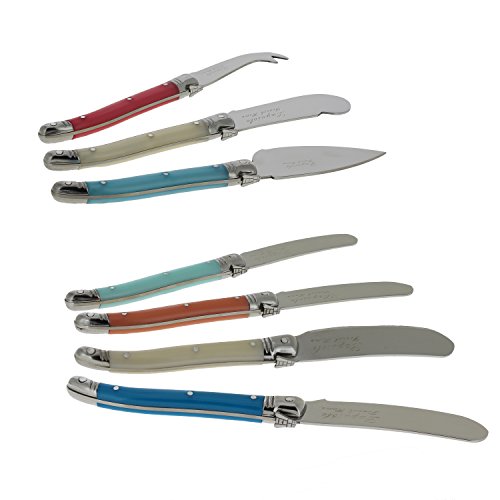 Laguiole 7-Piece Cheese Knife Set (Coral & Turquoise) Stainless Steel Cheese Knives Set, Cheese Spreader & Butter Knife Spreader, Luxurious Cheese Board Utensils & Charcuterie Knife Set for Parties