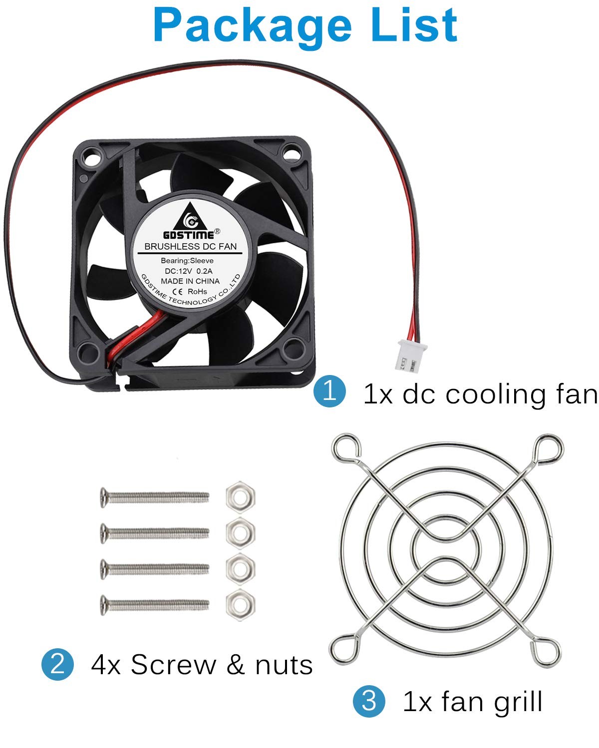 GDSTIME Dc 12V 60mm 6cm 60x60x25mm 2 Wire Brushless Cooling Fan